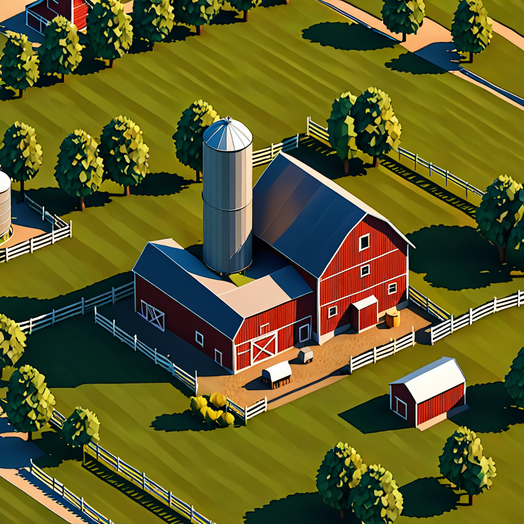 farm, birds eye view, barn, house, open area, silo, house, low poly, night