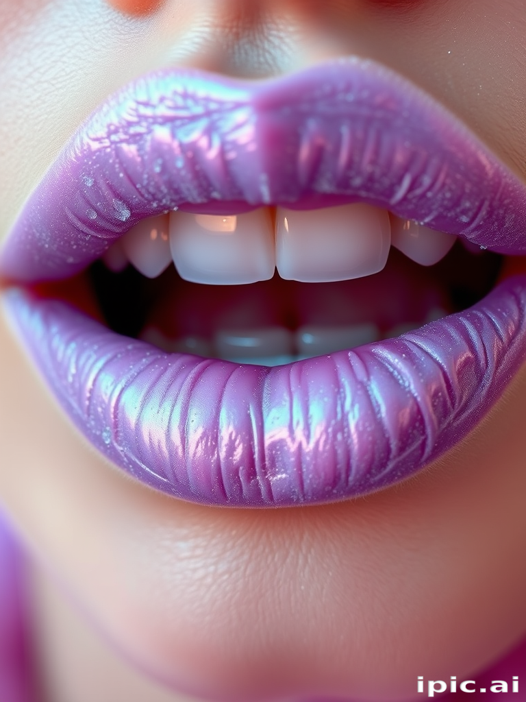 Close-Up of Glossy Lips with Iridescent Purple Shade and Textured Finish