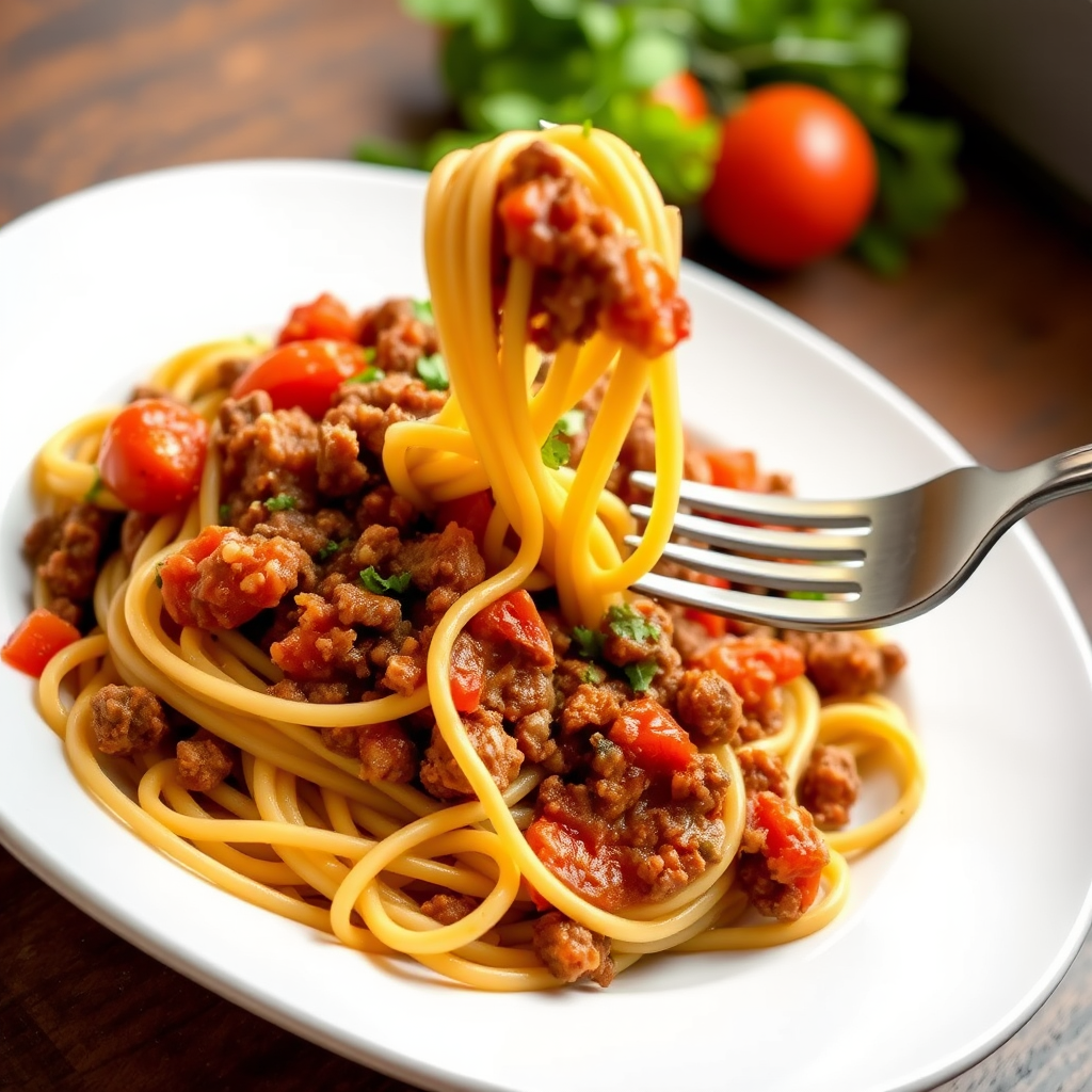 Delicious Plate of Spaghetti with Savory Meat Sauce and Fresh Tomatoes