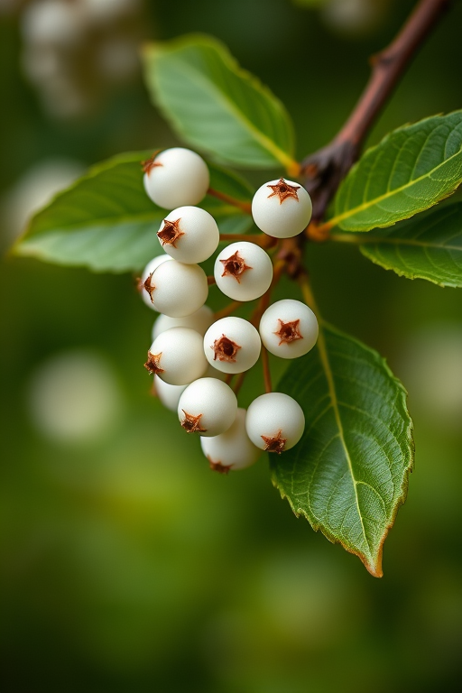 close-up of white berries on a leafy branch with a blurred green ...
