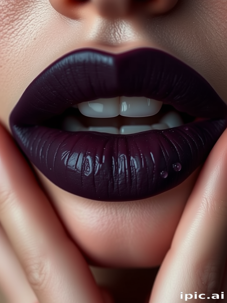 Close-Up of Glossy Dark Purple Lips Framed by Delicate Hands