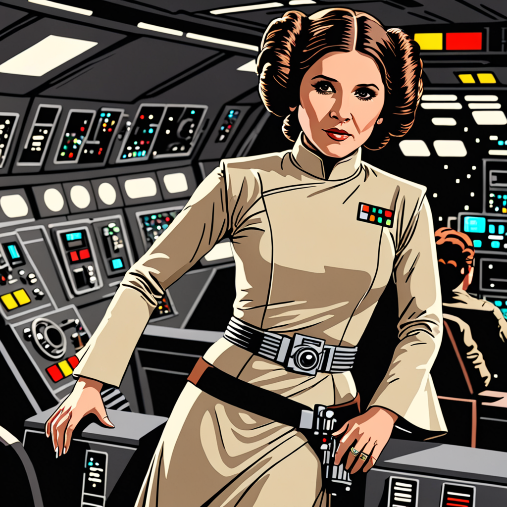 Princess Leia animated piloting a ship