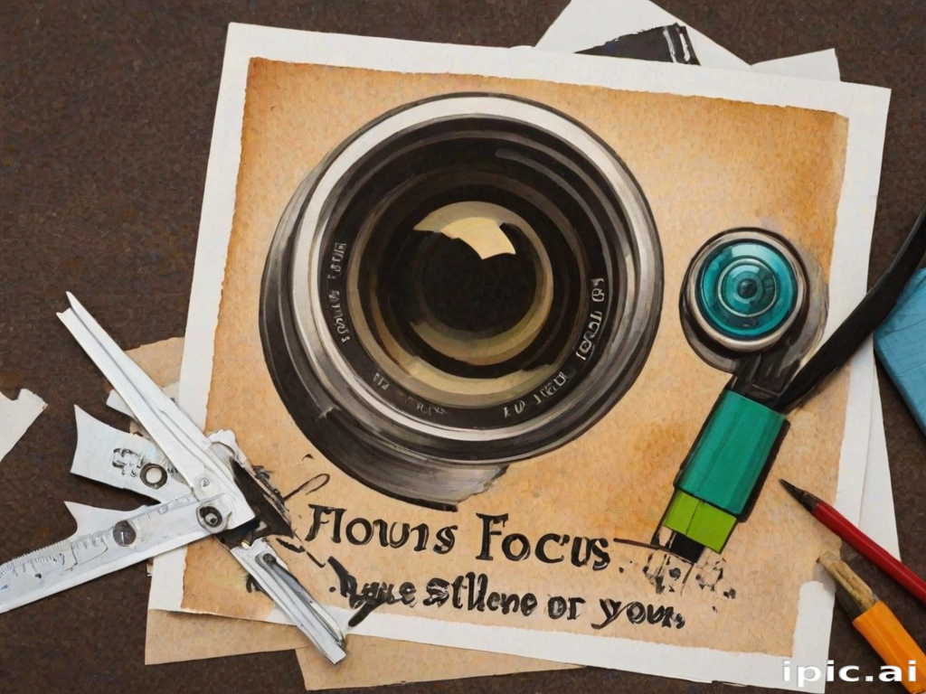A Creative Illustration of a Camera Lens with Artistic Tools and Text