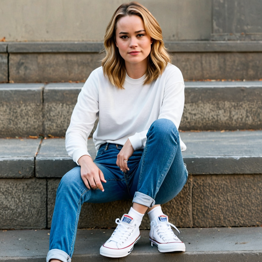 Mcu Brie Larson Carol Danvers Sitting in White Shirt, Blue Jeans, White ...