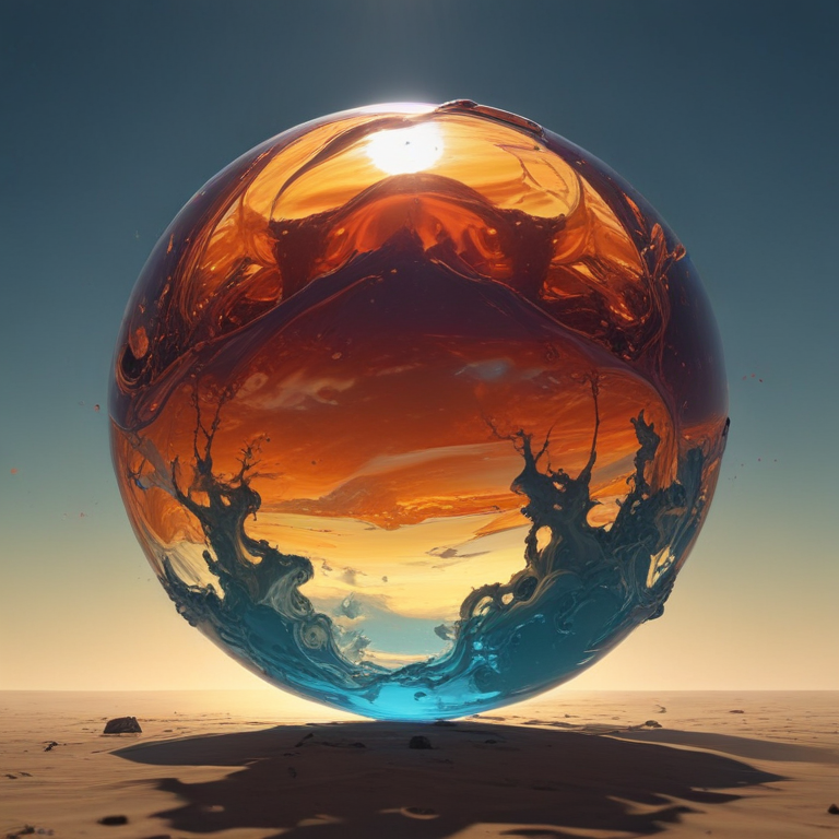 A Stunning Orb Reflecting a Vibrant Sunset Over a Desert Landscape