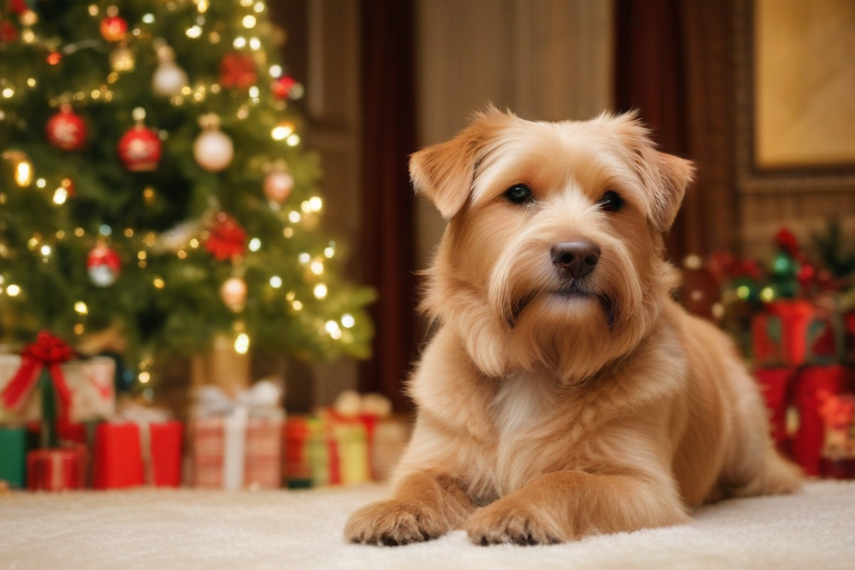 Festive Dog Relaxing Calmly Near Christmas Tree and Colorful Presents