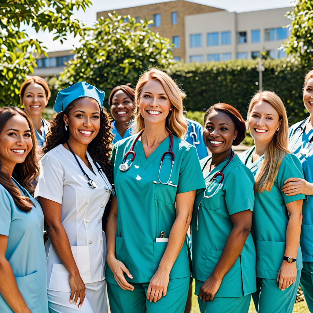 a group of nurses outside smiling on a sunny day