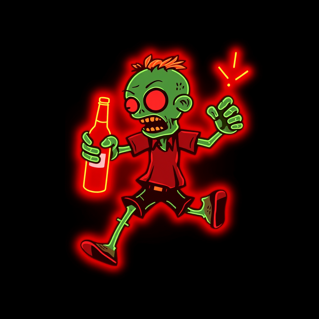 Cheerful Cartoon Zombie Holding a Bottle, Running with Excitement and Glow