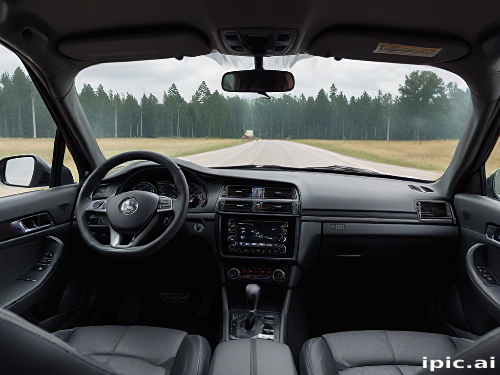 Interior View of a Modern Car on a Scenic Open Road