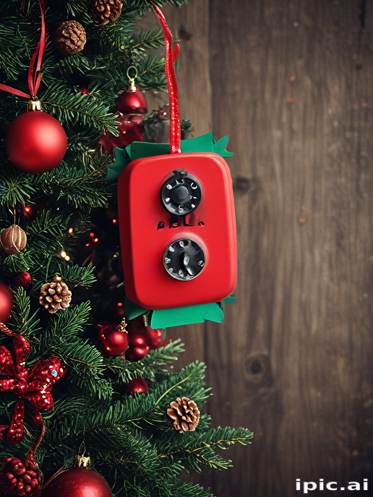 Festive Red Gift Box Ornament Hanging on a Christmas Tree