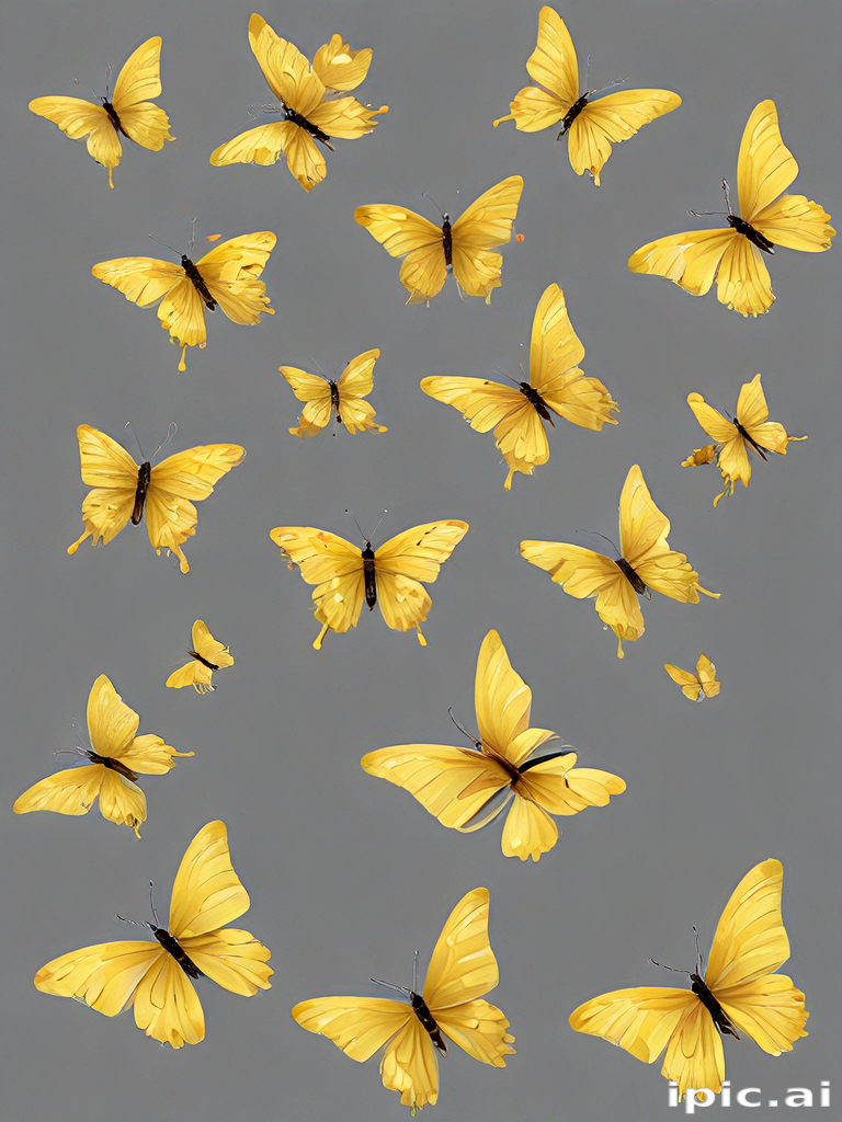 A Vibrant Collection of Yellow Butterflies Dancing Against a Gray ...
