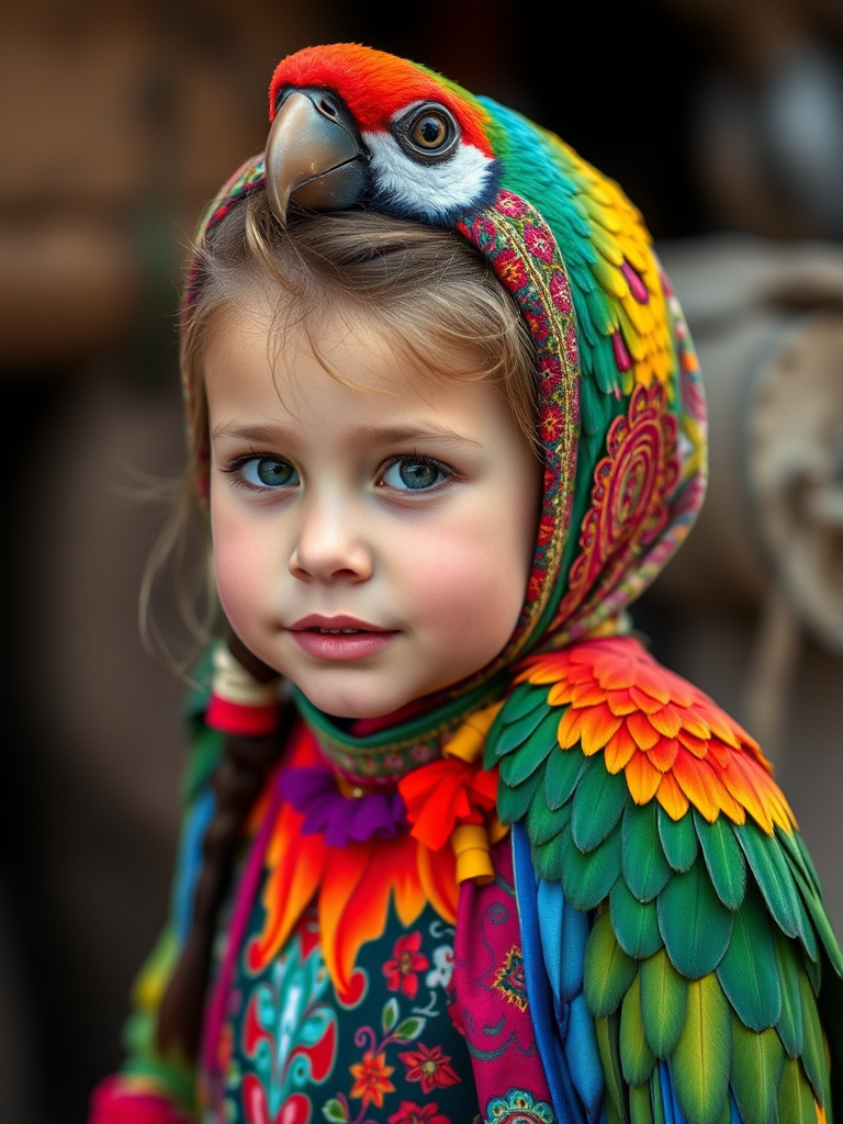A Colorful Young Girl Dressed in a Vibrant Parrot-Inspired Costume