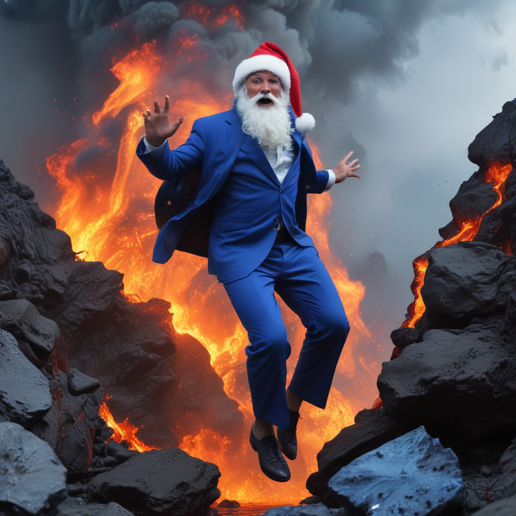 man in blue suit and blue santa hat falling into lava