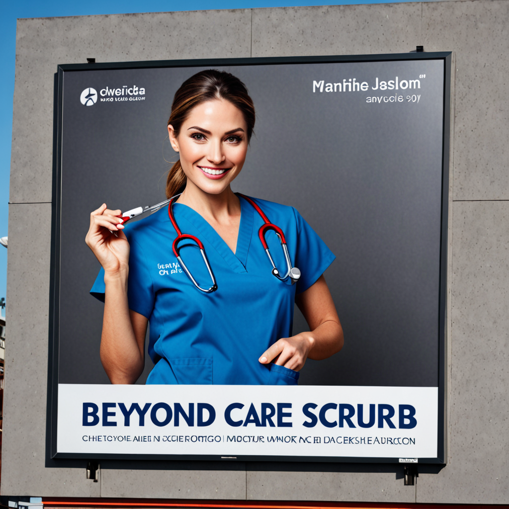 Beyond Care Scrubs printed on a billboard