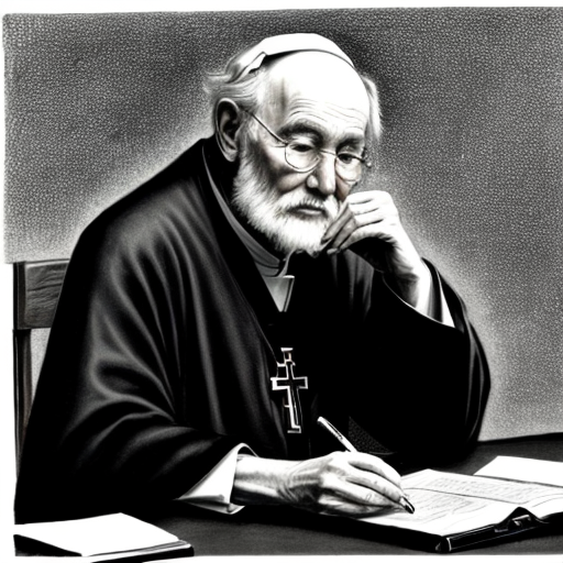 old man, priest, friar, sleeping, sitting at a desk, black and white ...