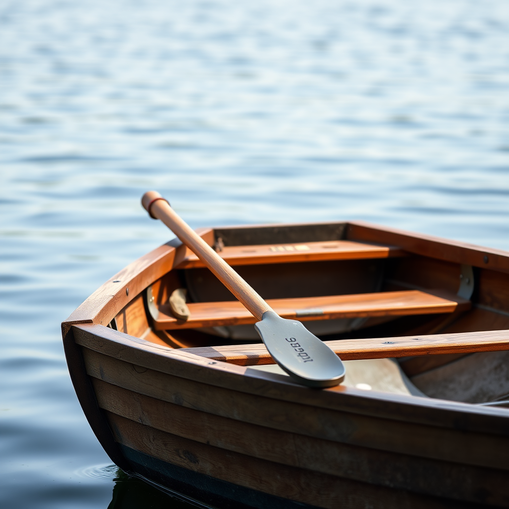 A Tranquil Scene of a Wooden Rowboat Floating on Calm Waters.