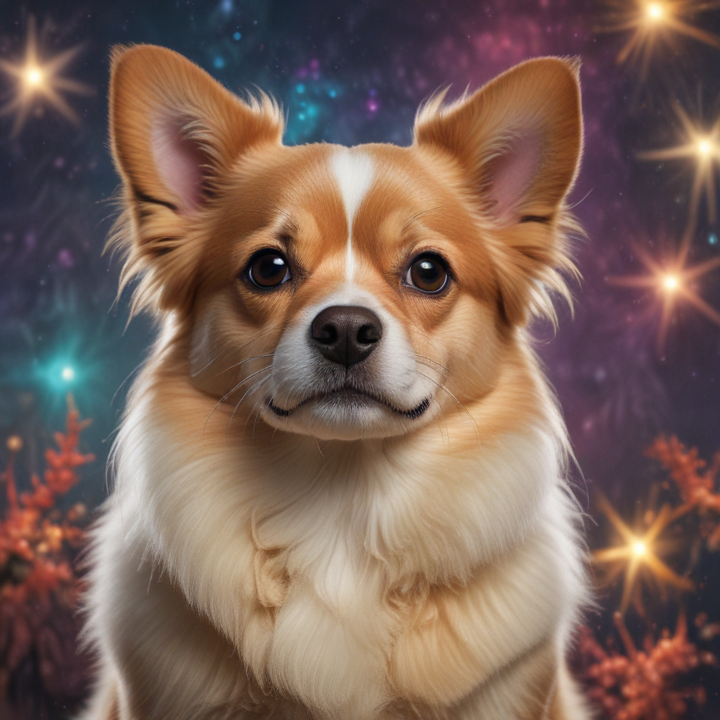 Adorable Dog Portrait Against a Magical Cosmic Background with Bright Stars