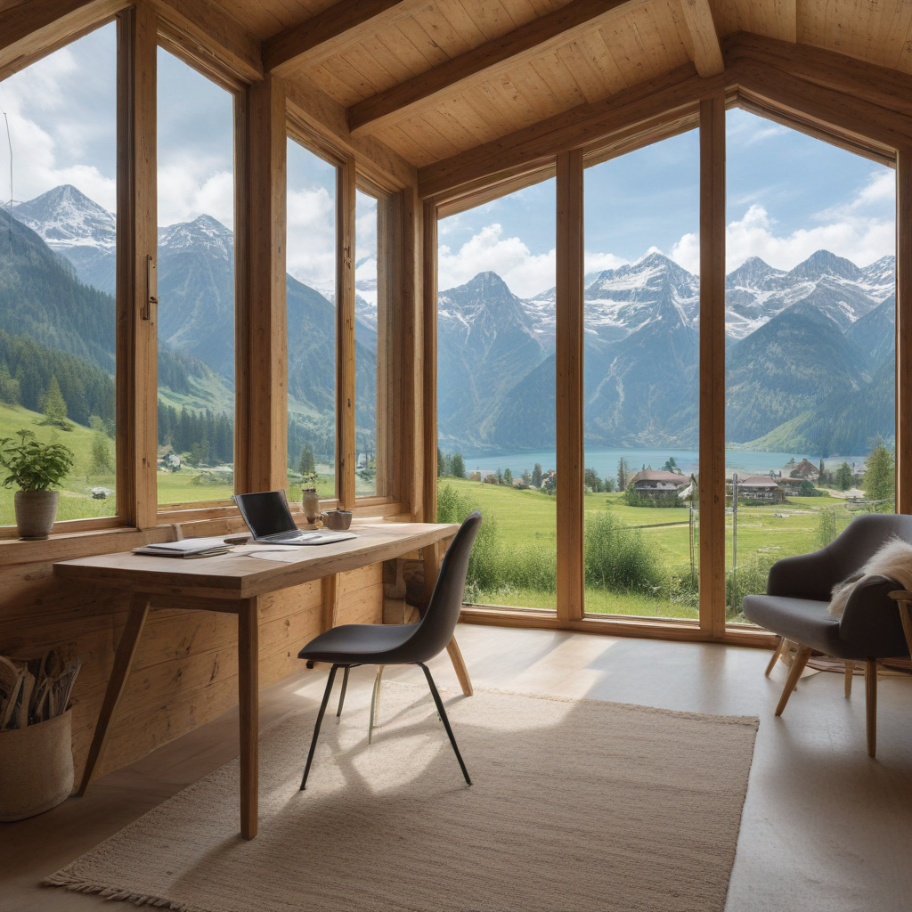 cozy interior of a mountain cottage, large study room for office work ...