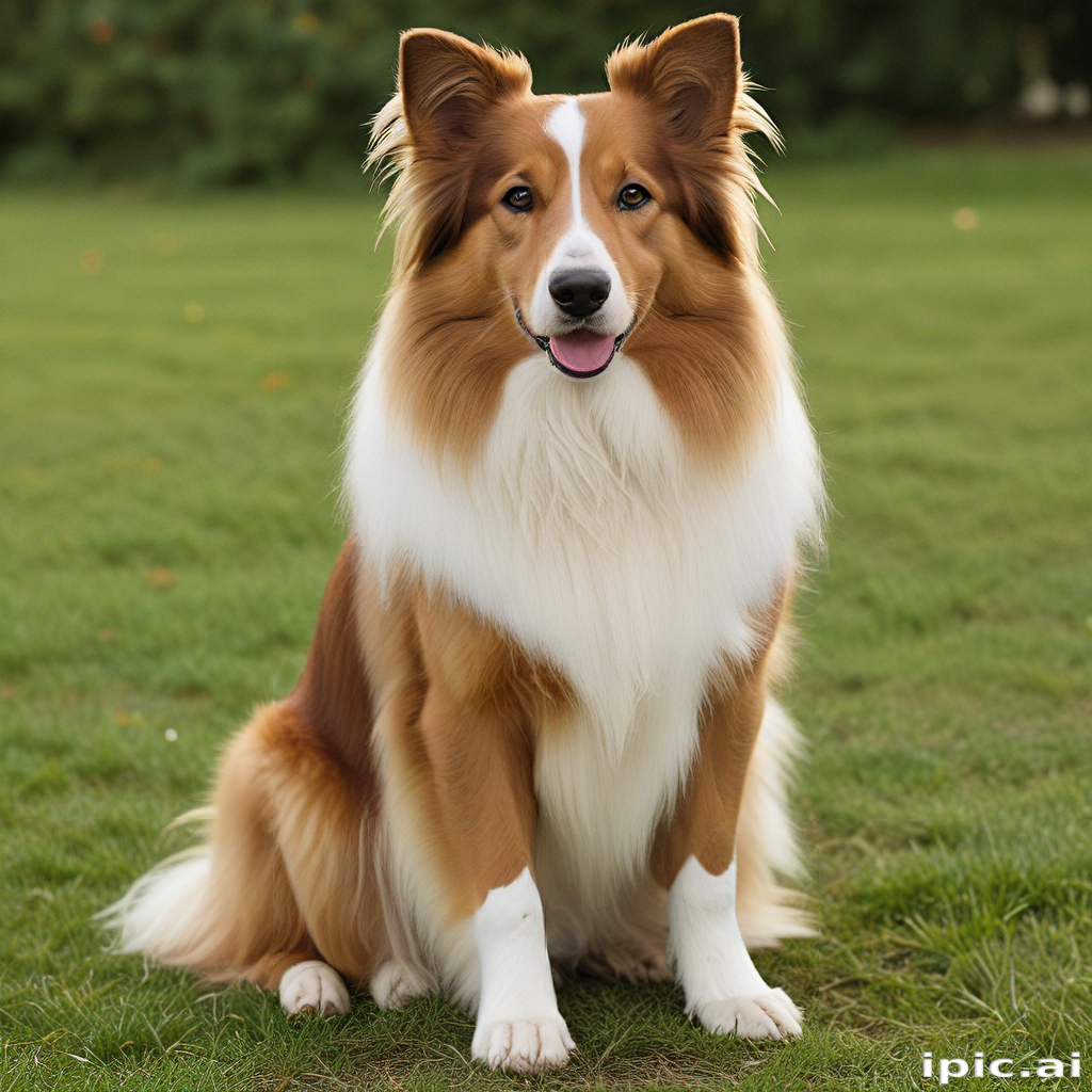 A Beautiful Collie Dog Sitting Gracefully in a Green Field.
