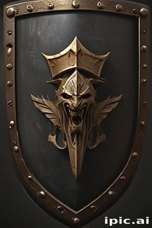 Intricately Designed Shield Featuring a Fierce Creature and Regal Crown ...