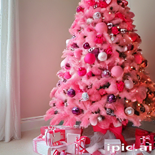 A Whimsical Pink Christmas Tree Surrounded by Festively Wrapped Gifts.