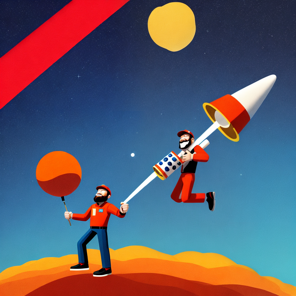 Create a captivating visual featuring a red-bearded astronaut floating ...