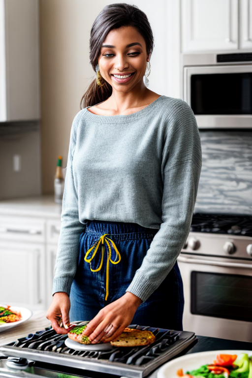 Handsome woman, smiling, cooking food