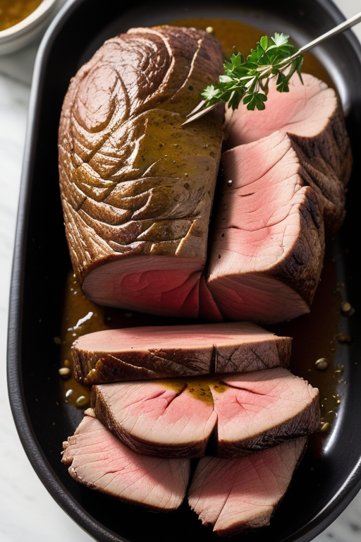 Succulent Roast Beef with Rich Gravy Garnished with Fresh Parsley Slices