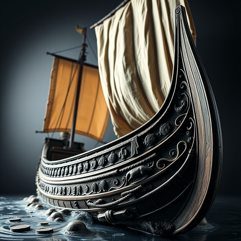 Intricately Crafted Model Ship with Sails on Calm Waters Displaying ...