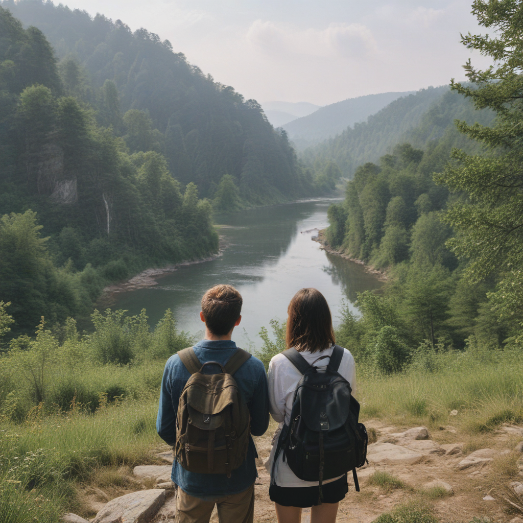 Mutable People from the back in the nature scouting out at a beautiful ...