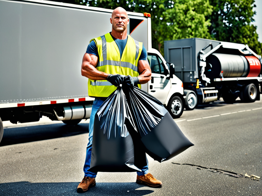 realistic handsome bald muscular garbagemen carrying black garbage bags ...