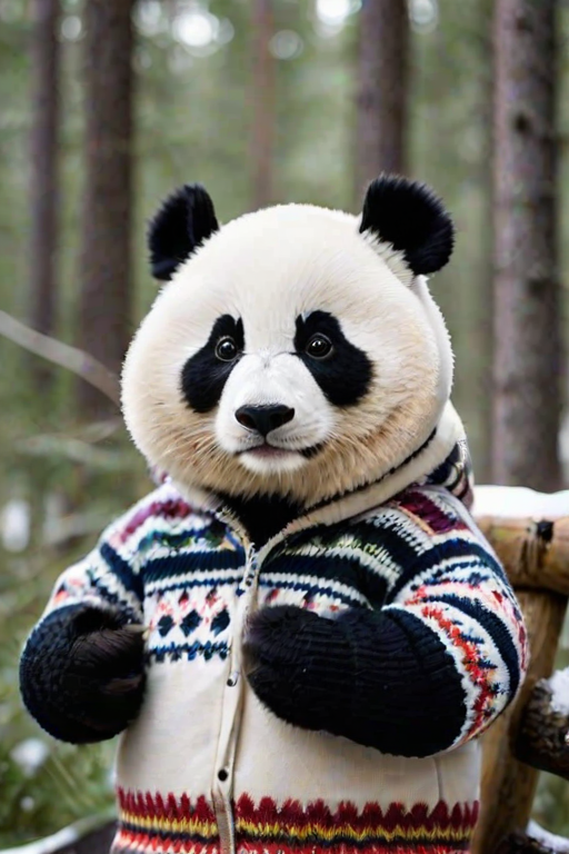A Stylish Panda Wearing a Cozy Sweater in a Forest Setting.