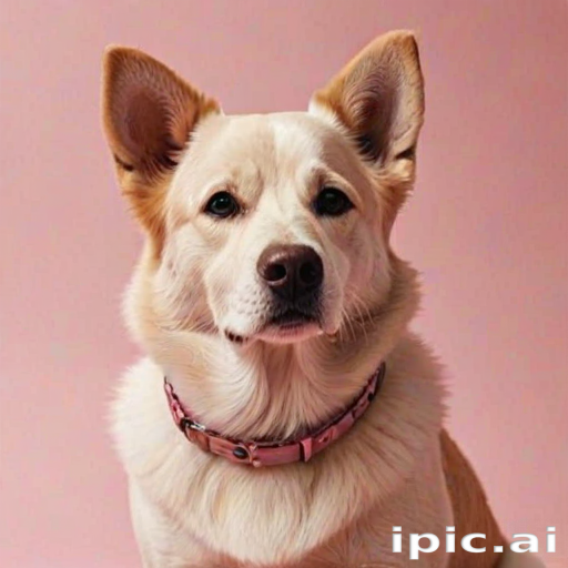 Adorable Dog with Fluffy Ears Poses Against a Soft Pink Background