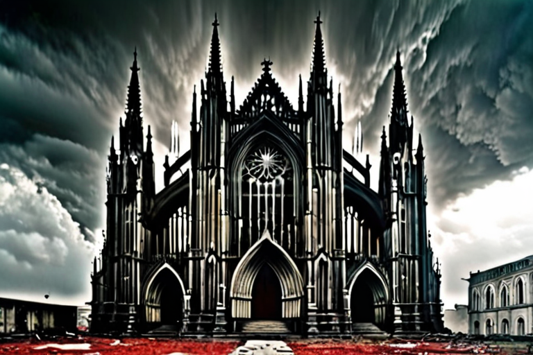 demonic gothic cathedral during apocalyptic conditions. end of the ...