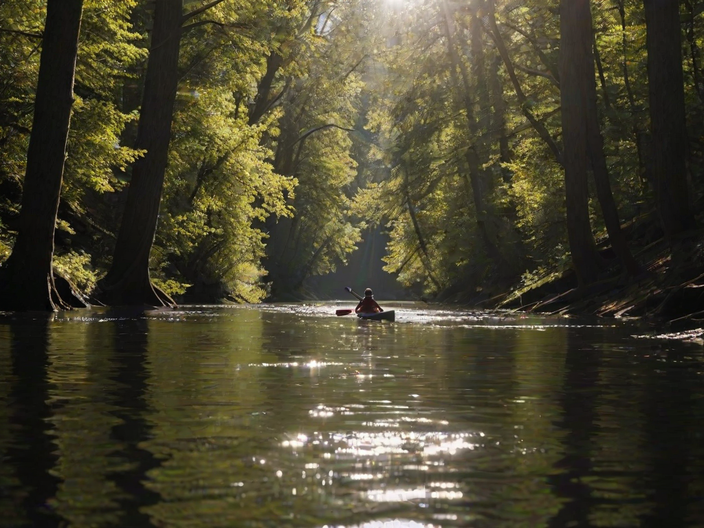 Peaceful Kayaker Gliding Through Sunlit Forested River in Tranquil ...