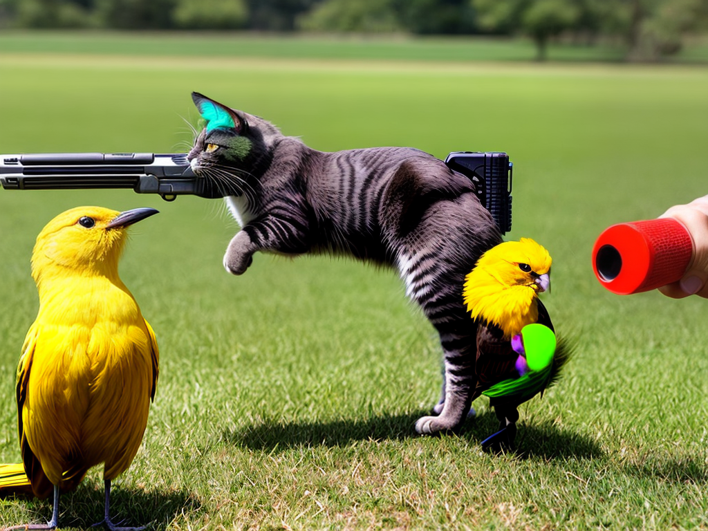 Cat pointing gun at a yellow bird
