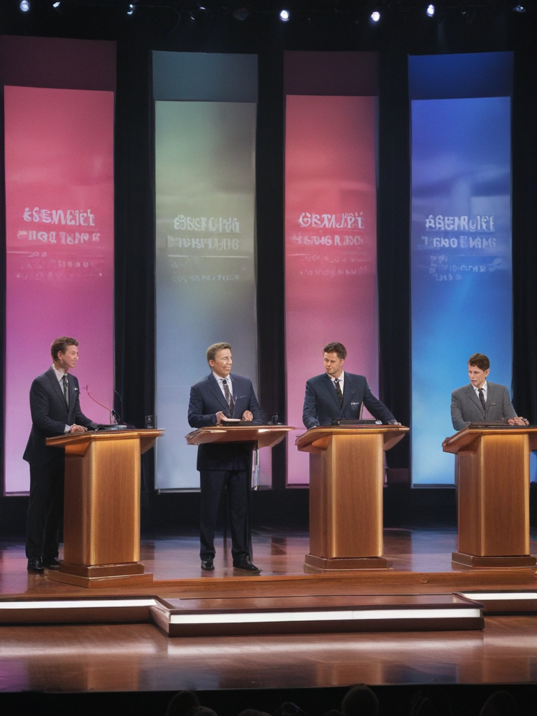 A Quiz show with five people standing behind five podiums
