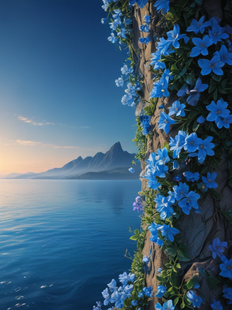 Serene Landscape of Blossoming Blue Flowers Against a Tranquil Ocean View