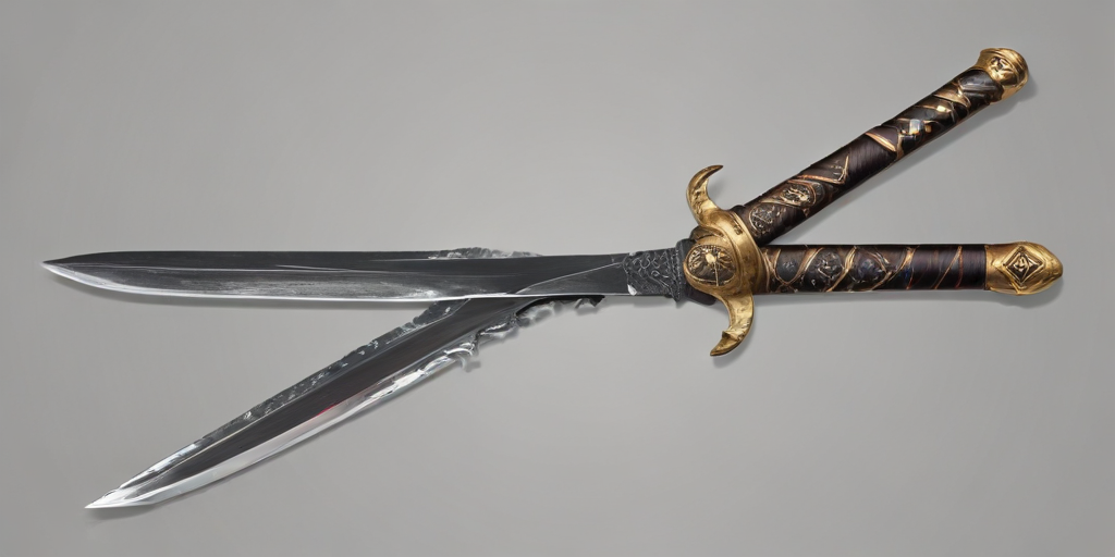 Intricately Designed Double-Bladed Sword with Ornate Handle and Details