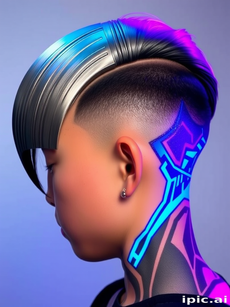 Futuristic Hairstyle with Unique Patterns and Vibrant Neon Accents