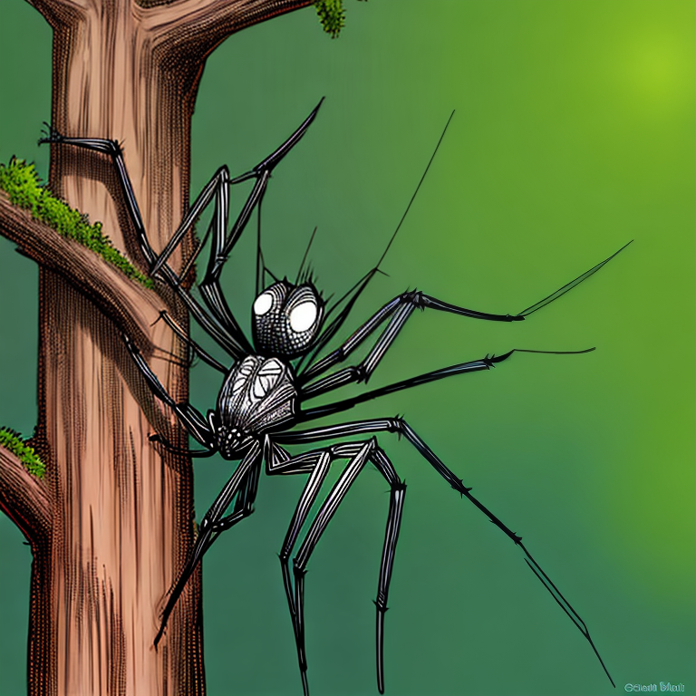 spider crawling up a tree, cartoon style