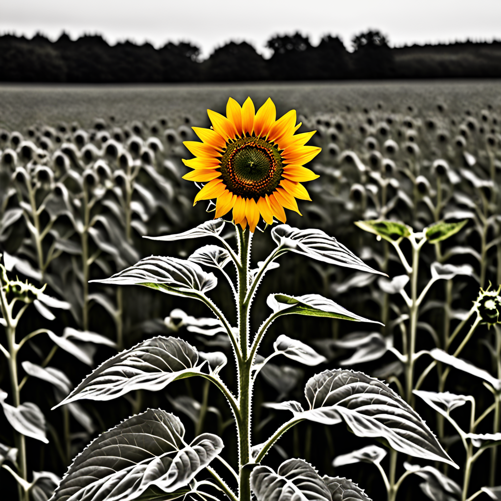 coloured sunflower in greyscale background of open field