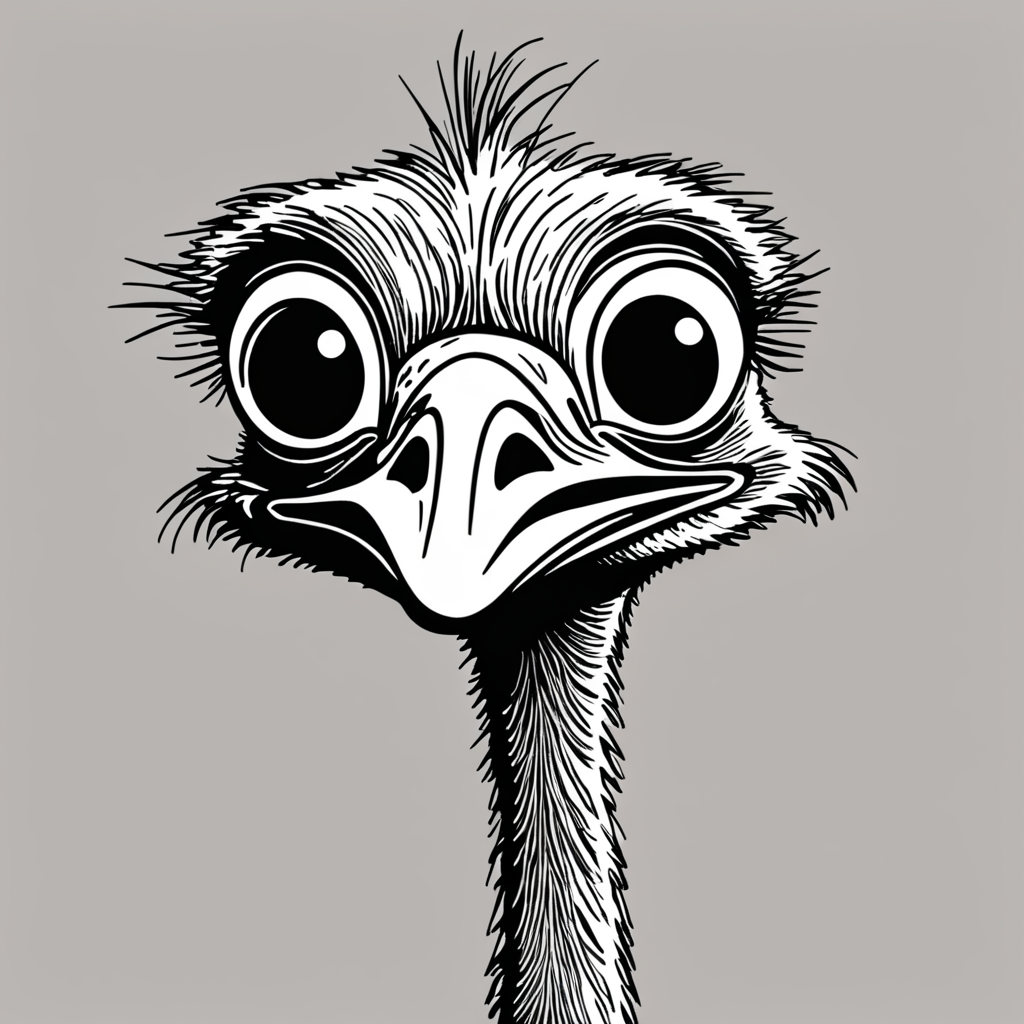 simple line drawing of cartoon Pixar style happy, emu low detail ...
