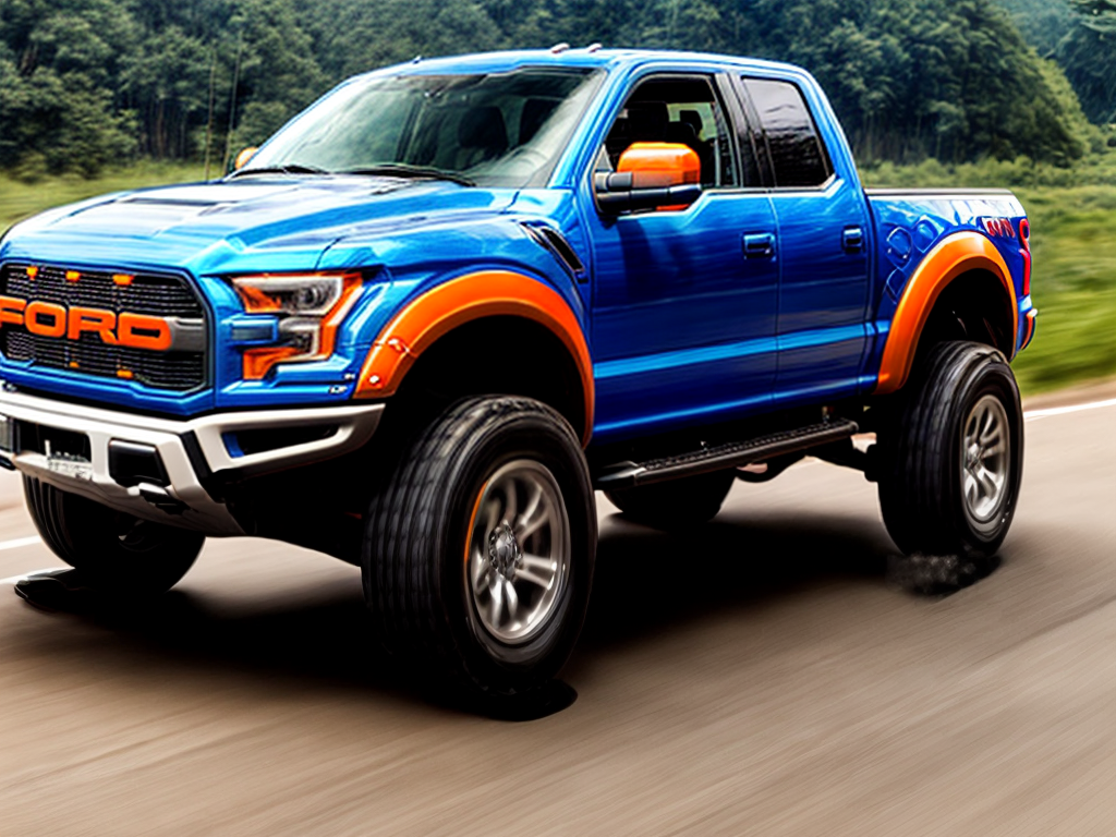 Orange ford raptor towing a blue corvette on a trailer