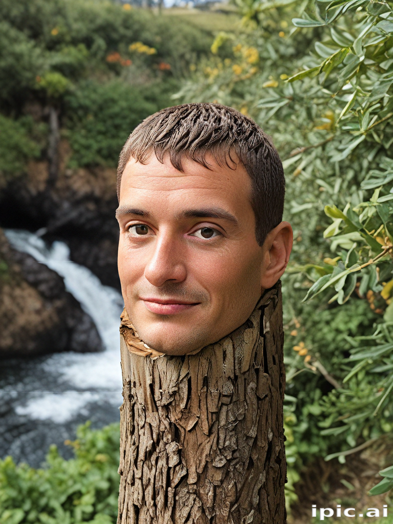 Surreal Scene of a Human Head Emerging from a Tree Stump