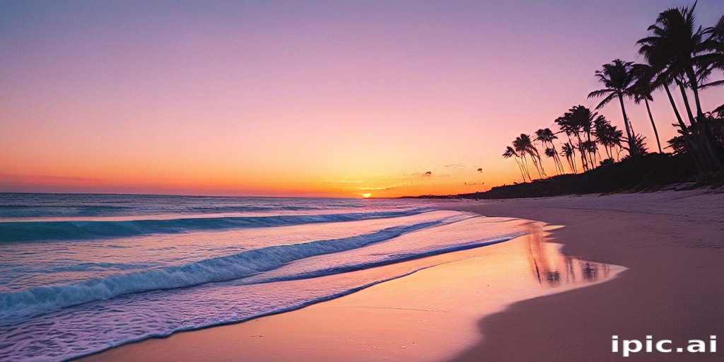 Serene Sunset Over Tranquil Beach with Palm Trees and Gentle Waves