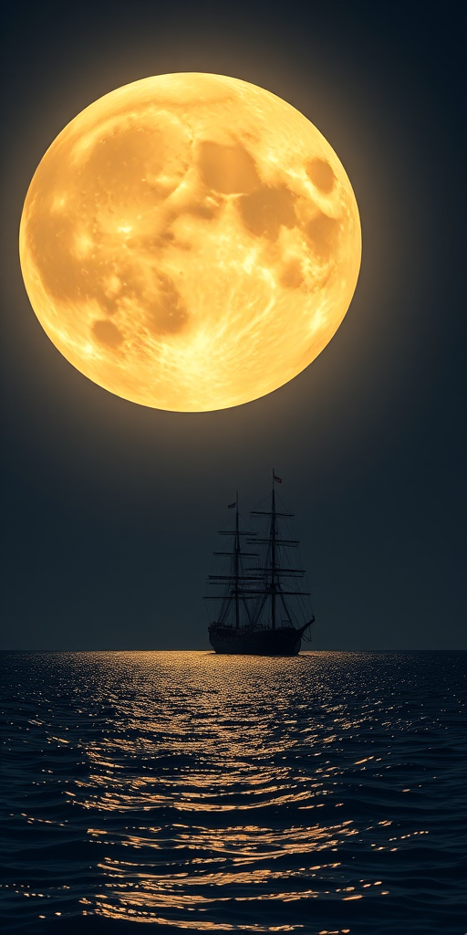 A Majestic Ship Silhouetted Against a Radiant Full Moon at Night