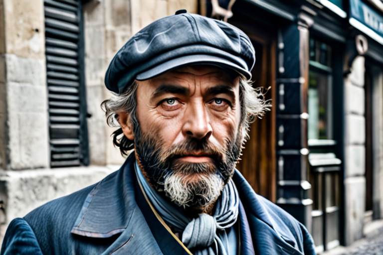 portrait de Jean Valjean avec une casquette qui marche sur la route