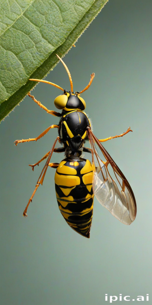 Close-Up of a Striking Yellow and Black Insect Hanging from a Leaf