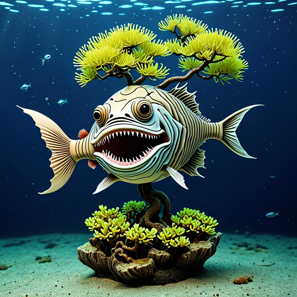 Cartoon angler fish eating a bonsai tree in the depths of the sea